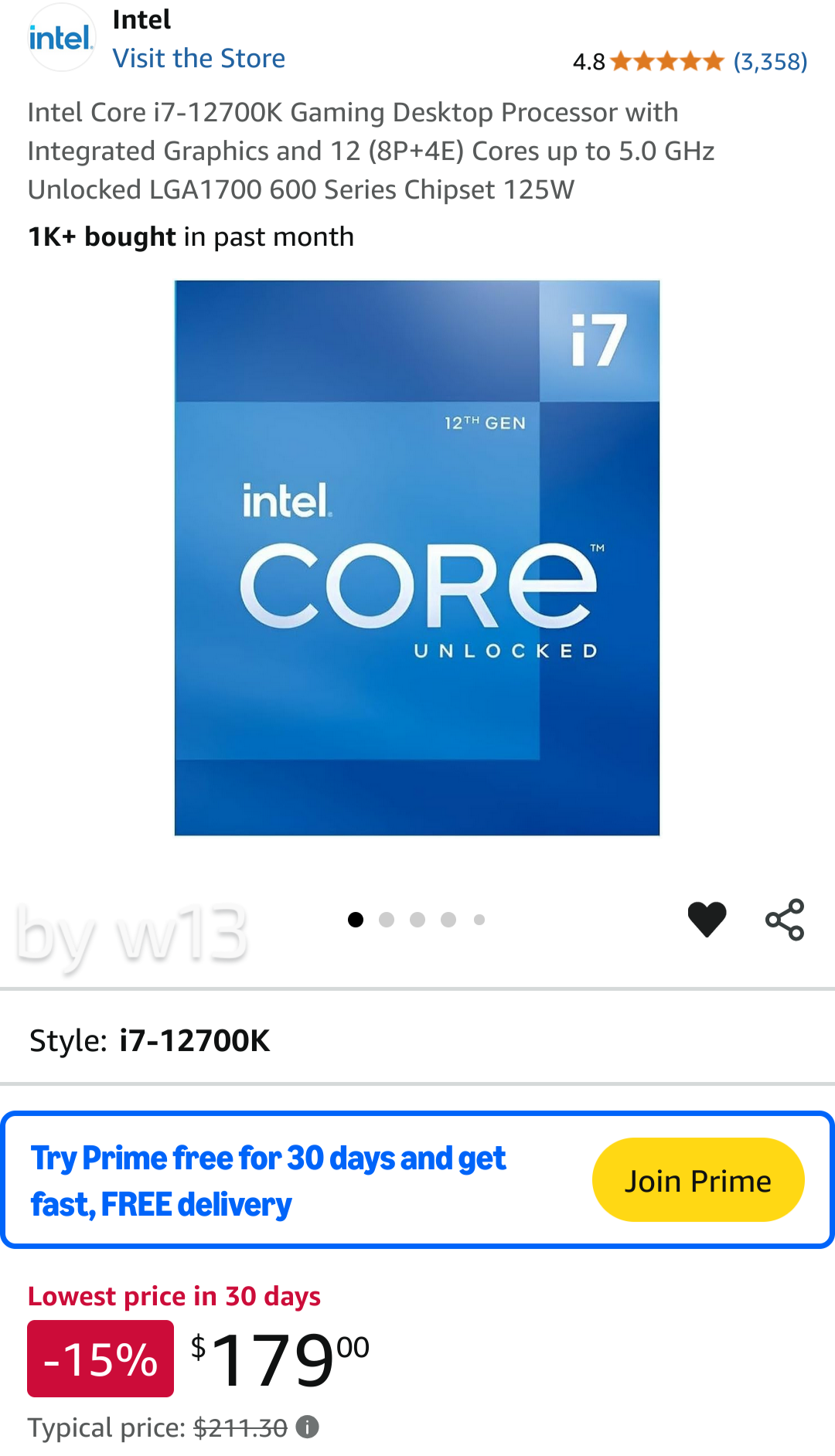 [아마존] intel 12700k, 180usd - 특가