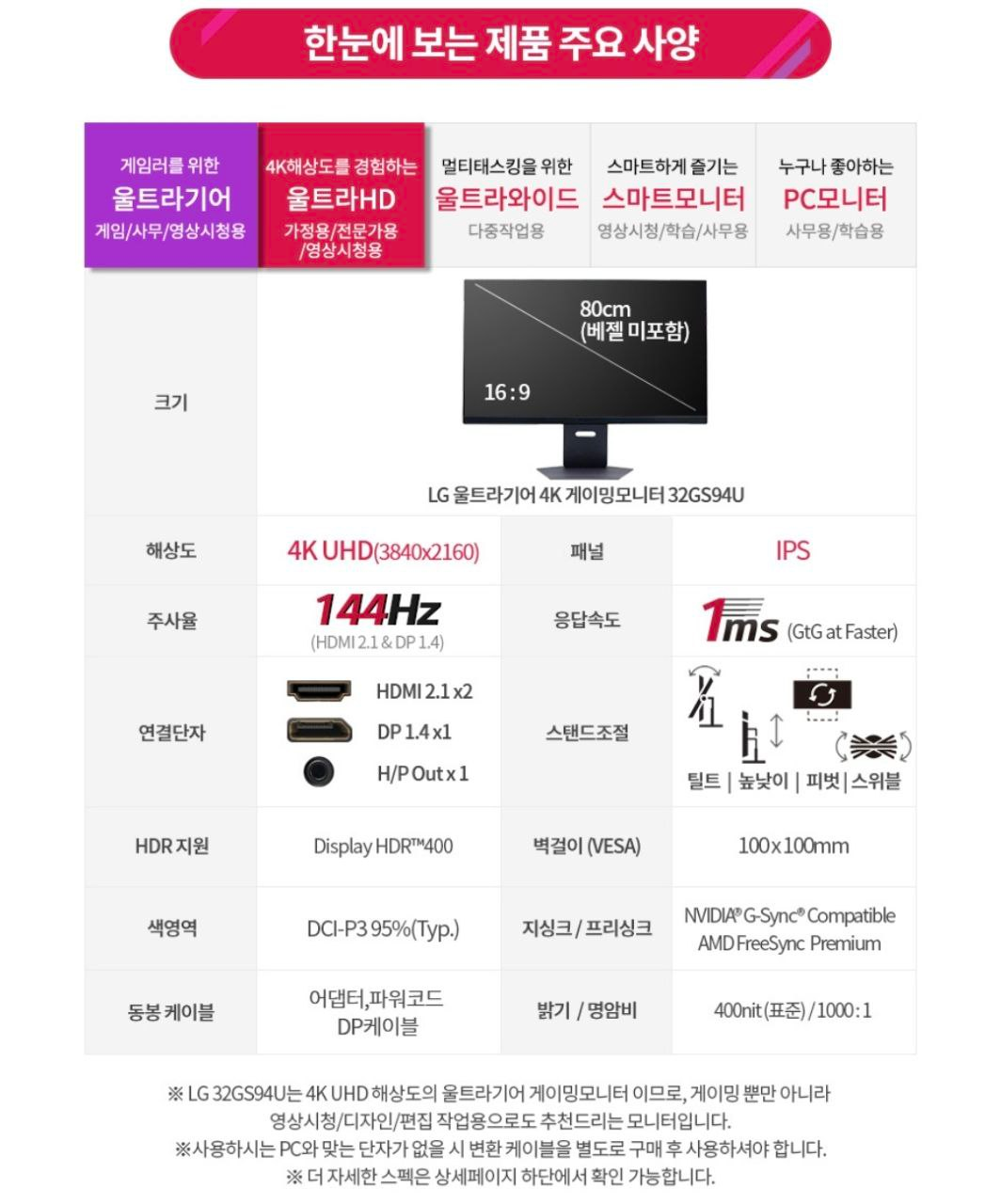 [11번가] LG 32GS94U 모니터 / 32" 4K IPS 144Hz (659,000원 / 무료) - 특가
