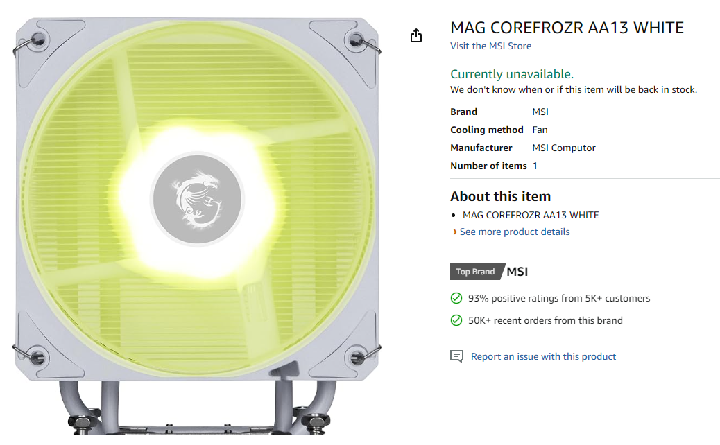 MSI, 6년만에 공랭 쿨러 신제품 MAG COREFROZR AA13 WHITE 출시 - 테크 소식