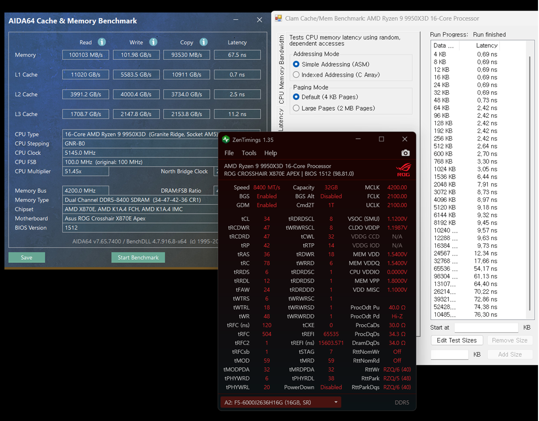 메모리 레이턴시 측정프로그램 CLAM cache/mem benchmark로 8400CL34 fclk2100 vs 2233 ...