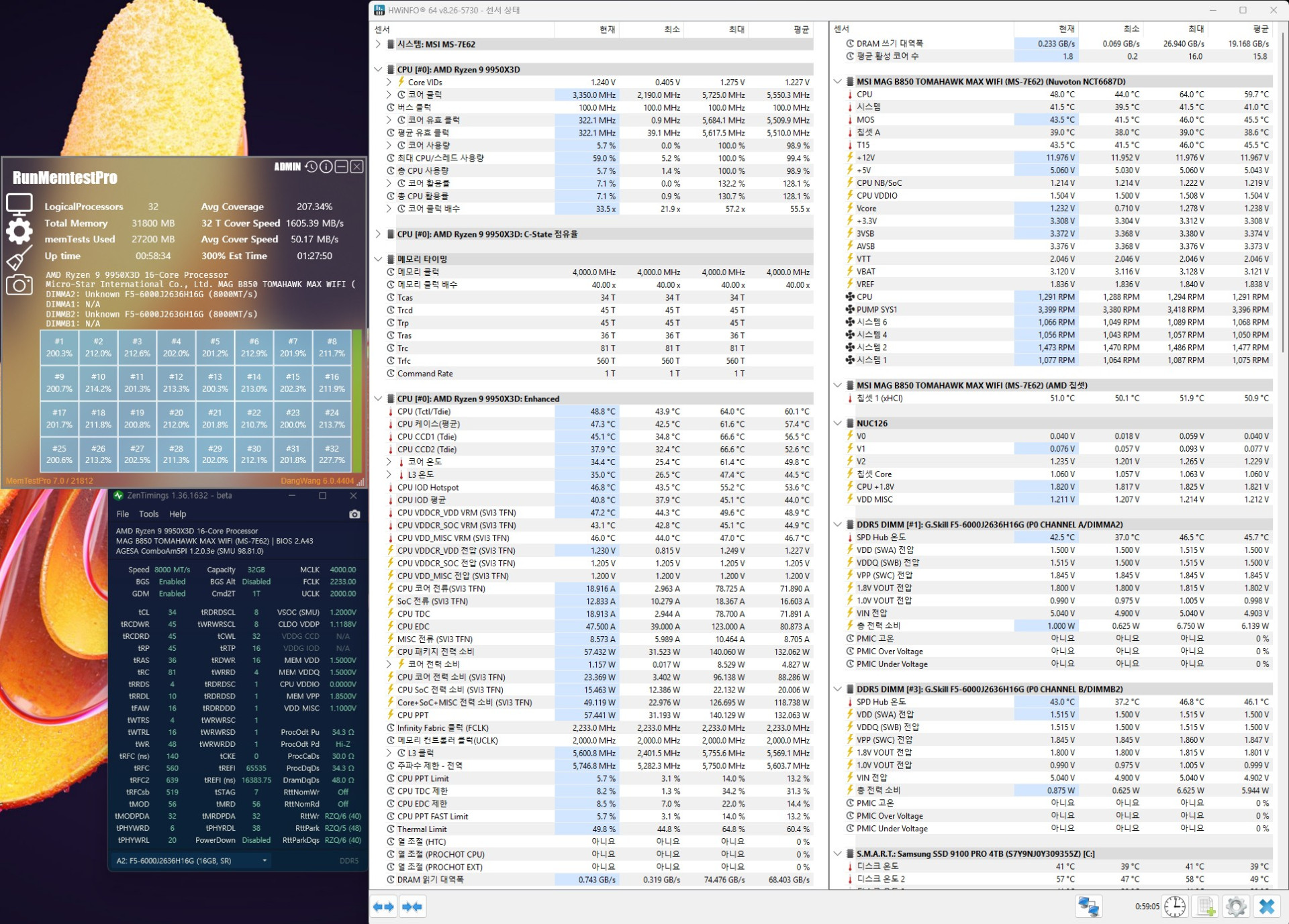 B850 토마호크 MAX + 9950X3D 8000MHz CL34 FCLK 2233 - CPU / 메인보드 / 램
