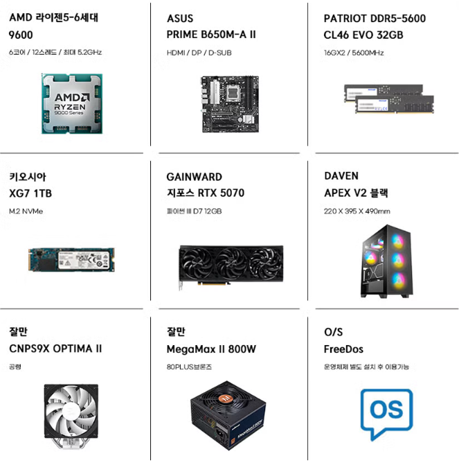 [하이마트] 라이젠5 9600 + RTX5070 + 32GB 완본체 (1,537,010원 / 무료) - 특가