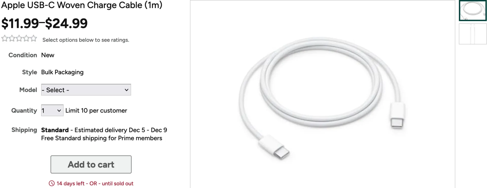 [woot] 직배X) Apple USB-C Charge Cable 1m/2m ($11.99 / 무료) - 특가